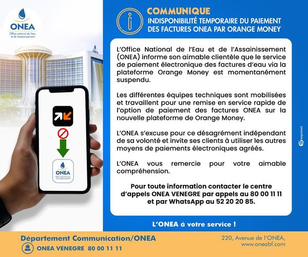 ONEA : indisponibilité temporaire du paiement des factures ONEA par ...